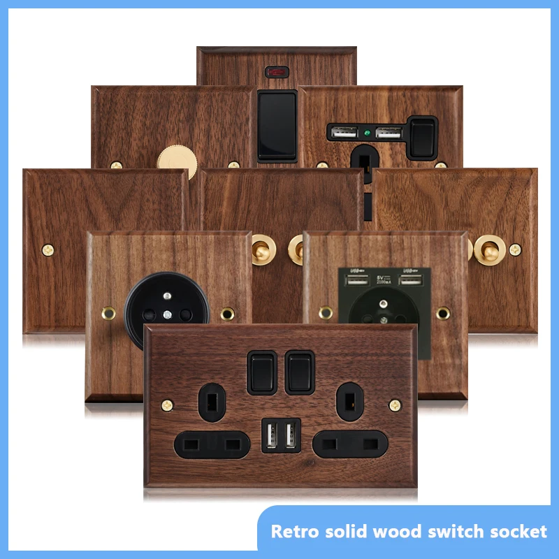 Black-Walnut-Wood-Toggle-Light-Switch-Home-retro-Brass-Panel-FR-UK ...