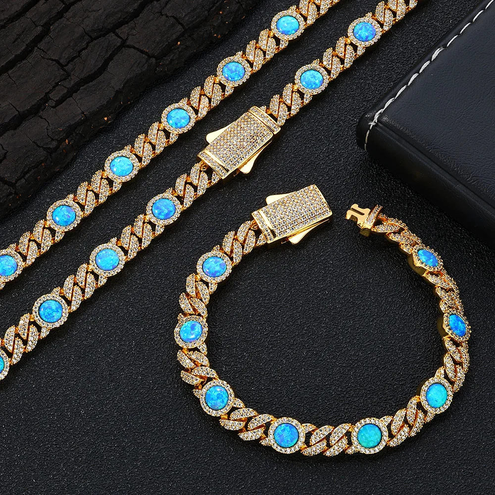 Hip Hop Style 8mm Wide Blue Opal Cuban Chain Sparkling Cubic Zirconia ...
