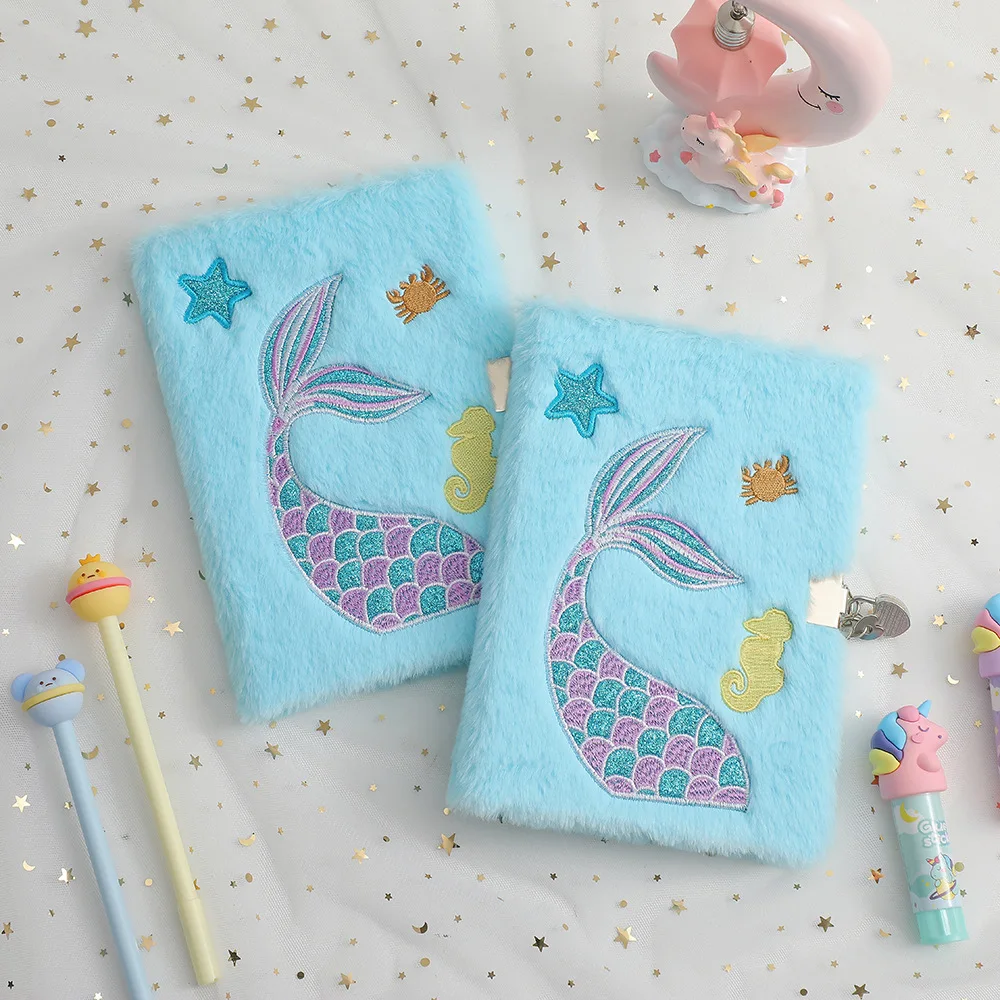A5-Girl-Cartoon-Plush-Locked-Notebook-Student-Mermaid-Tail-Diary-Book ...
