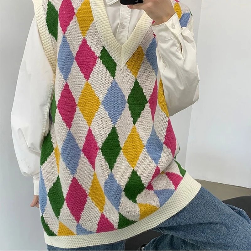 Colorful Argyle Sweater Vests Men Couples Panelled Causal Fashion ...