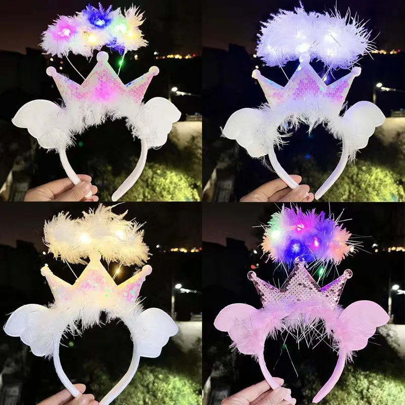 10 Pcs LED Crown Feather Headbands Angel Wings Wreath Luminous ...
