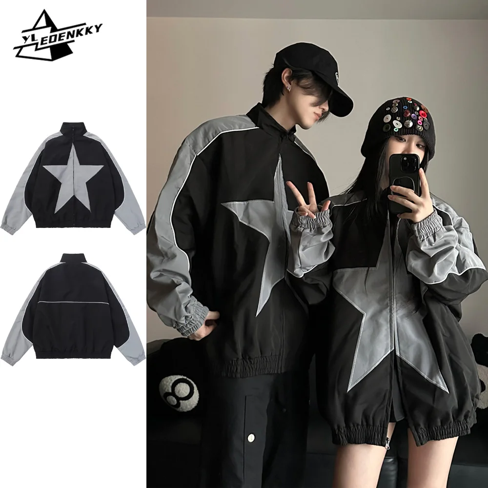 High-Street-Jacket-Women-Star-Pattern-Patchwork-Thin-Coat-Harajuku ...