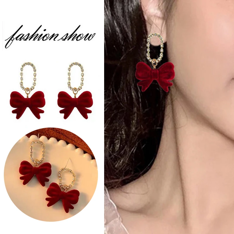 Vintage Velvet Cute Red Bow-knot Pearl Earrings For Women Sweet Lovely ...