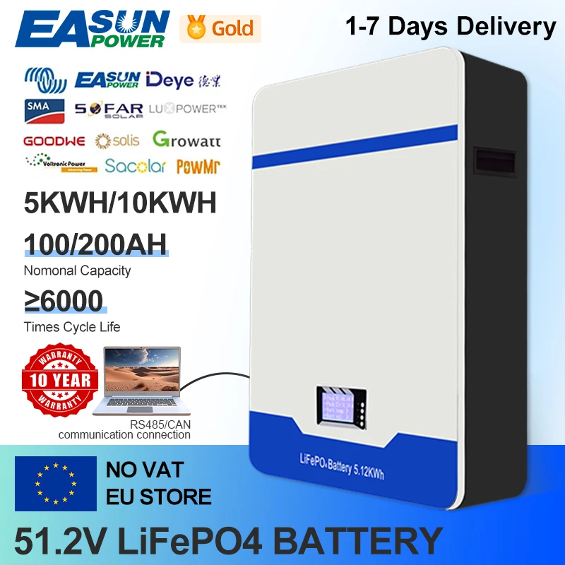 EU Stock 51.2V 100Ah 200Ah LiFePO4 Battery 5Kwh 10kwh BMS CAN/RS485 ...