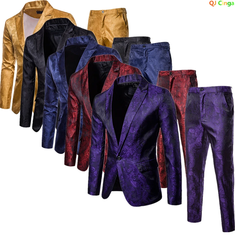 (Jacket + Pants) Men Business Casual Slim Suit Sets Fashion printed ...
