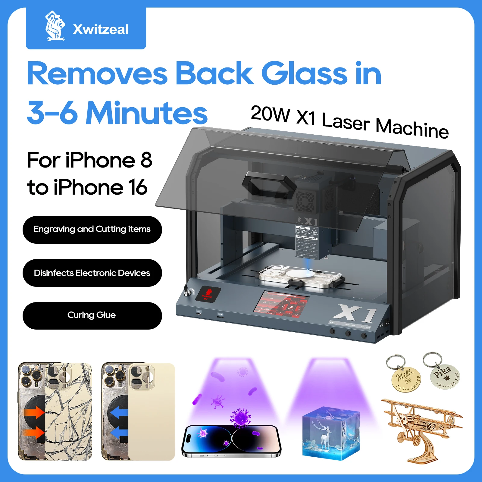 Xwitzeal X1 20W 4-in-1 Laser Machine for iPhone 8–16 Back Glass & Glue Removal