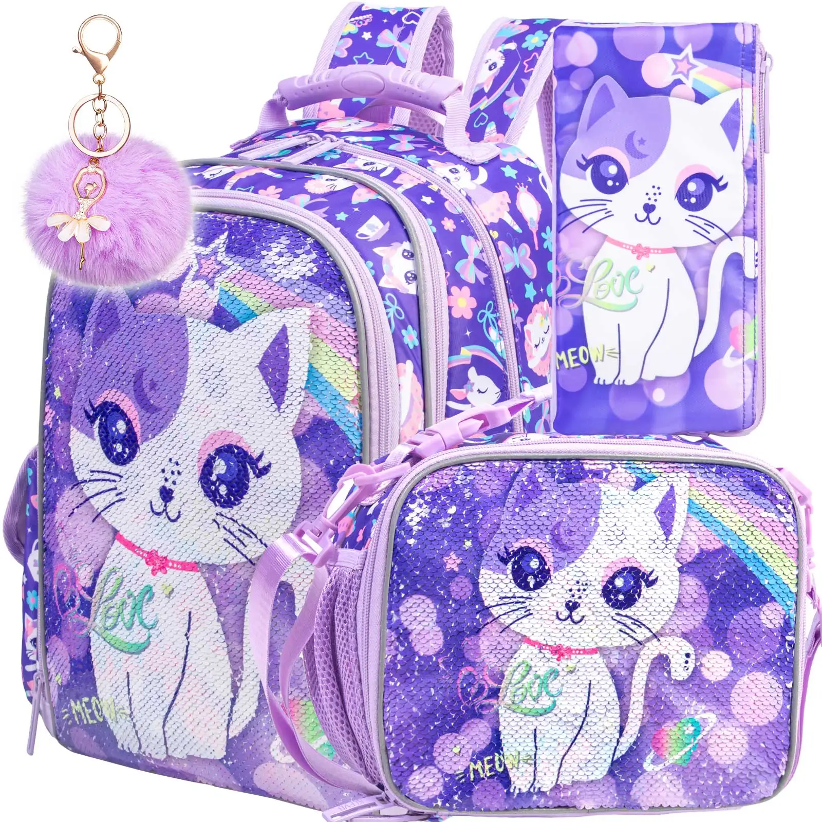 3PCS-Cat-Backpack-for-Girls-16-Kids-Sequin-Bookbag-with-Lunch-Box-Water ...