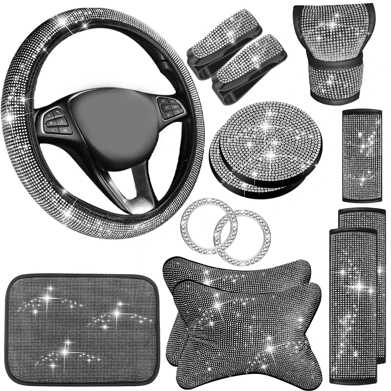 14Pcs-Bling-Car-Accessories-Set-Car-Steering-Wheel-Cover-Auto-Coaster ...