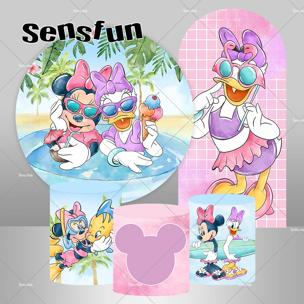 Surfing-Swimming-Minnie-Daisy-Round-Backdrop-for-Girls-Summer-Beach ...