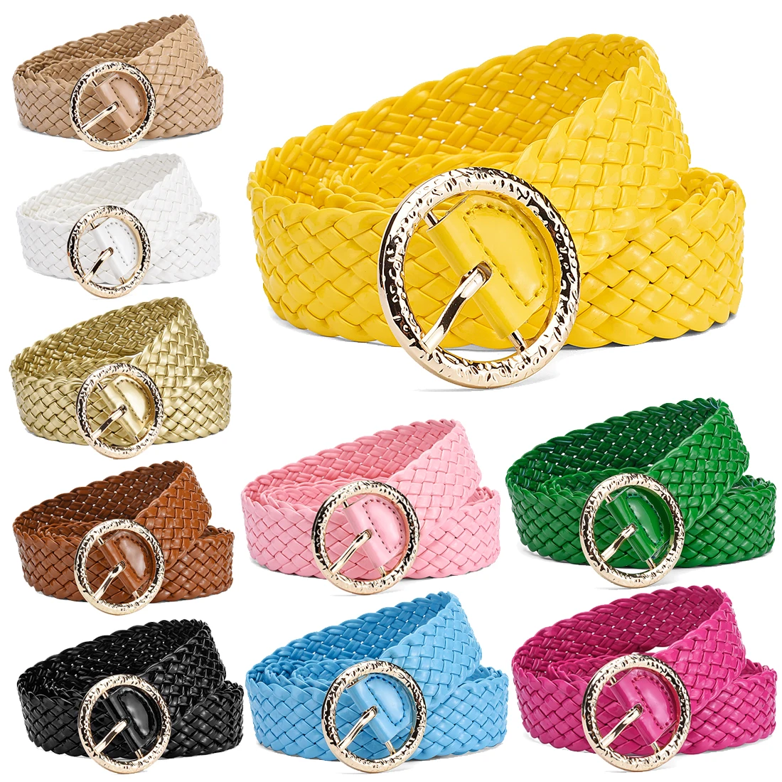 New-Fashion-Women-Braided-Bright-Colors-Belts-Circular-Gold-Buckle ...