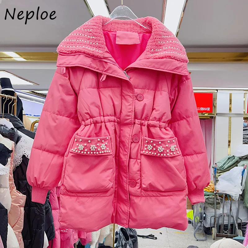 Neploe 2023 Autumn Winter Waist Wrapped Mid Length Cotton Warm Coat
