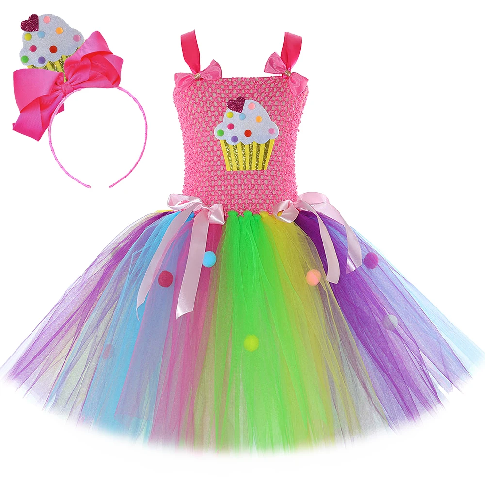 Girls Candyland Cupcake Costume Kids Rainbow Dessert Candy Cake Tutu ...