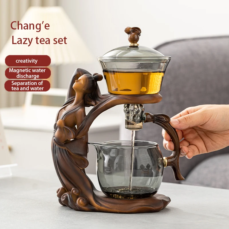 1-set-of-magnetic-lazy-tea-set-automatic-Chang-e-glass-teapot-tea-cup ...