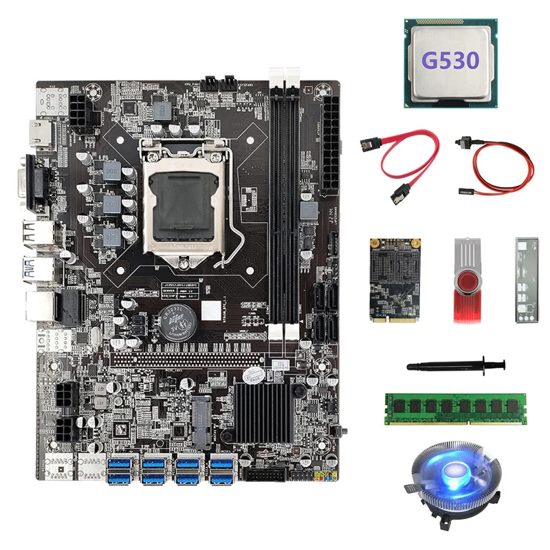 B75 ETH Mining Motherboard 8XUSB+G530 CPU+DDR4 4G RAM+128G SSD+64G USB ...