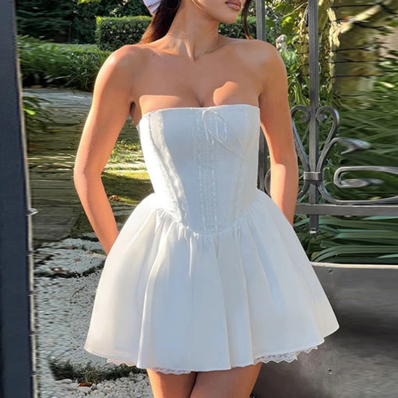 Women Sexy Strapless Party Corset Dress Vintage Off Shoulder Sleeveless ...