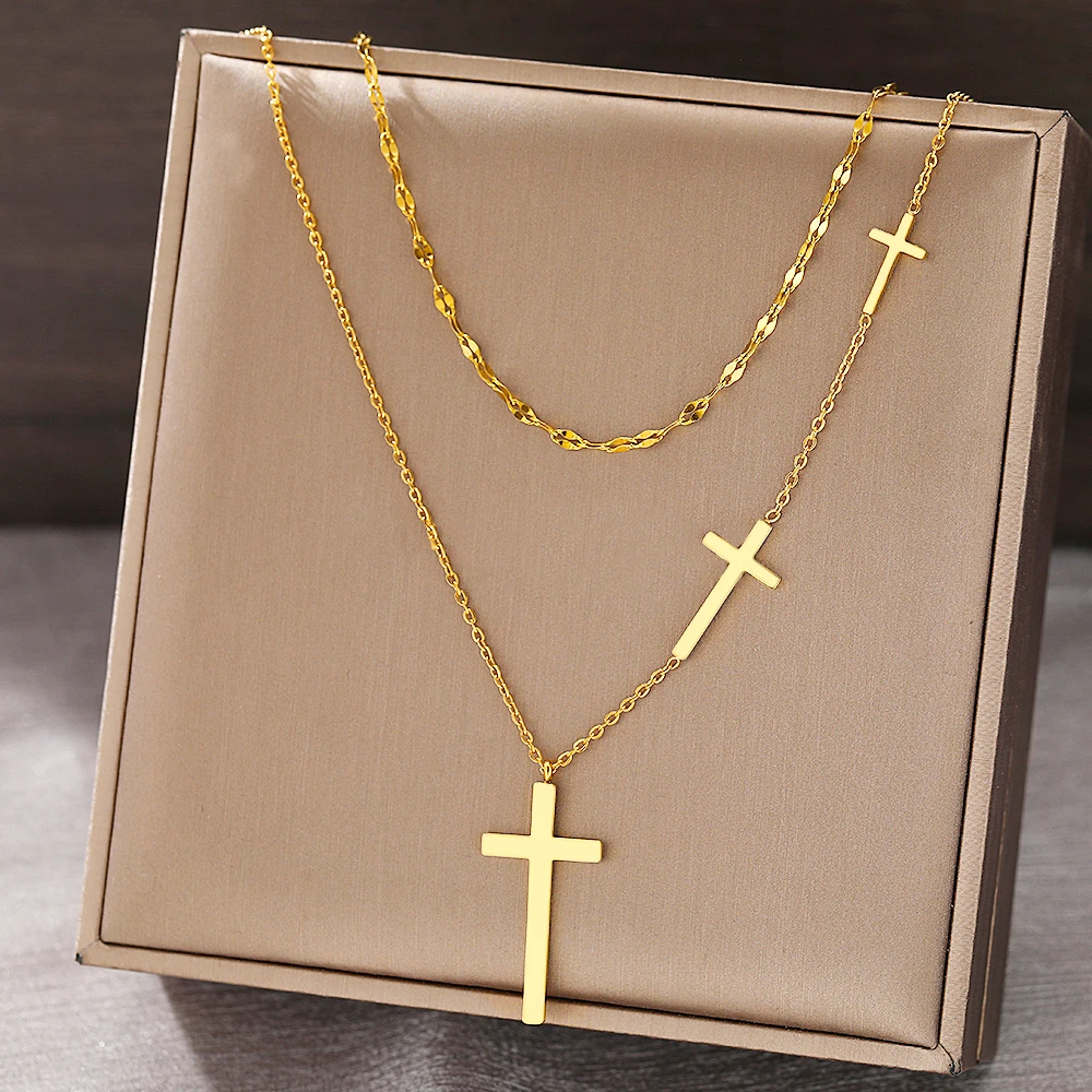 Stainless-Steel-Necklaces-Cross-Pendant-Choker-Multilayer-Chain-Double ...