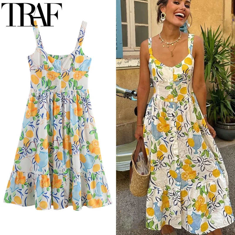 TRAF-vestido-Midi-con-estampado-para-mujer-traje-largo-con-volantes-sin ...