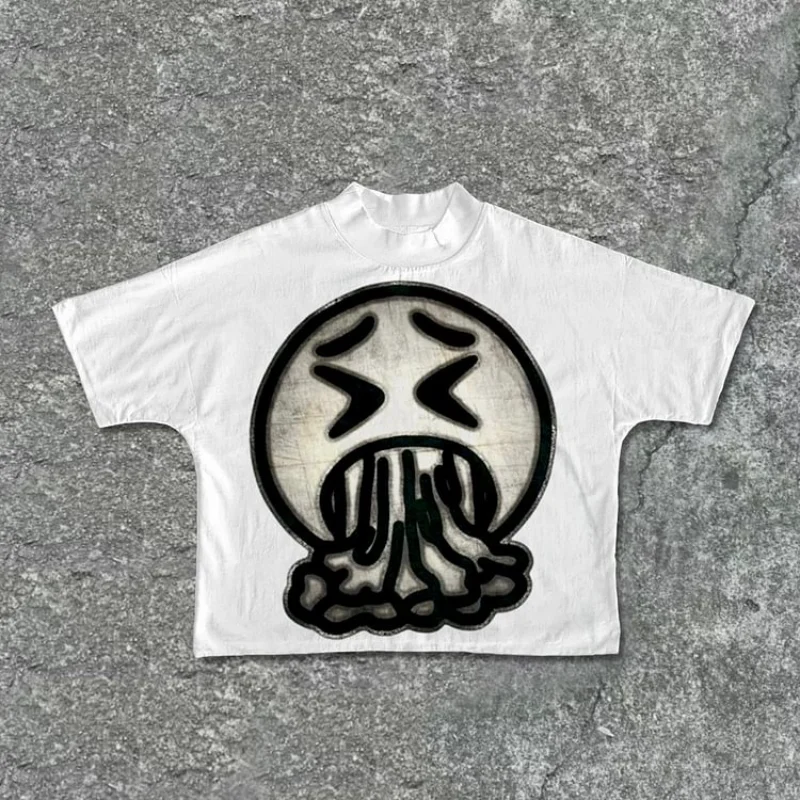 Vintage-Emoji-Queasiness-Emotion-Graphic-Cotton-Cropped-T-Shirt-Men-Y2K ...