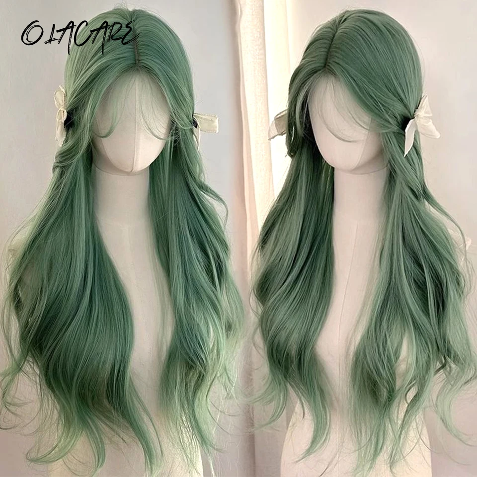 OLACARE-Long-Grass-Green-Wavy-Synthetic-Wigs-with-Bangs-for-Women-Body ...