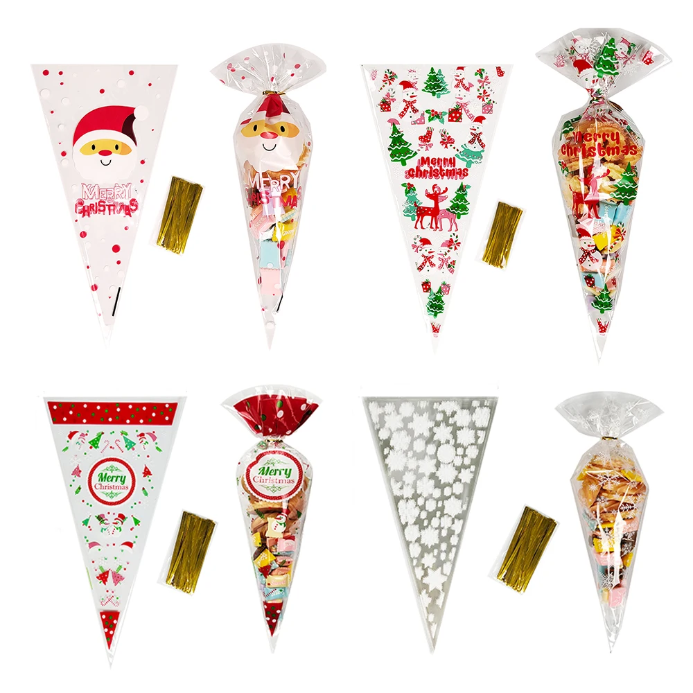 50/100pcs Christmas Cone Bags Plastic Candy Pouch Santa Claus Snowflake ...