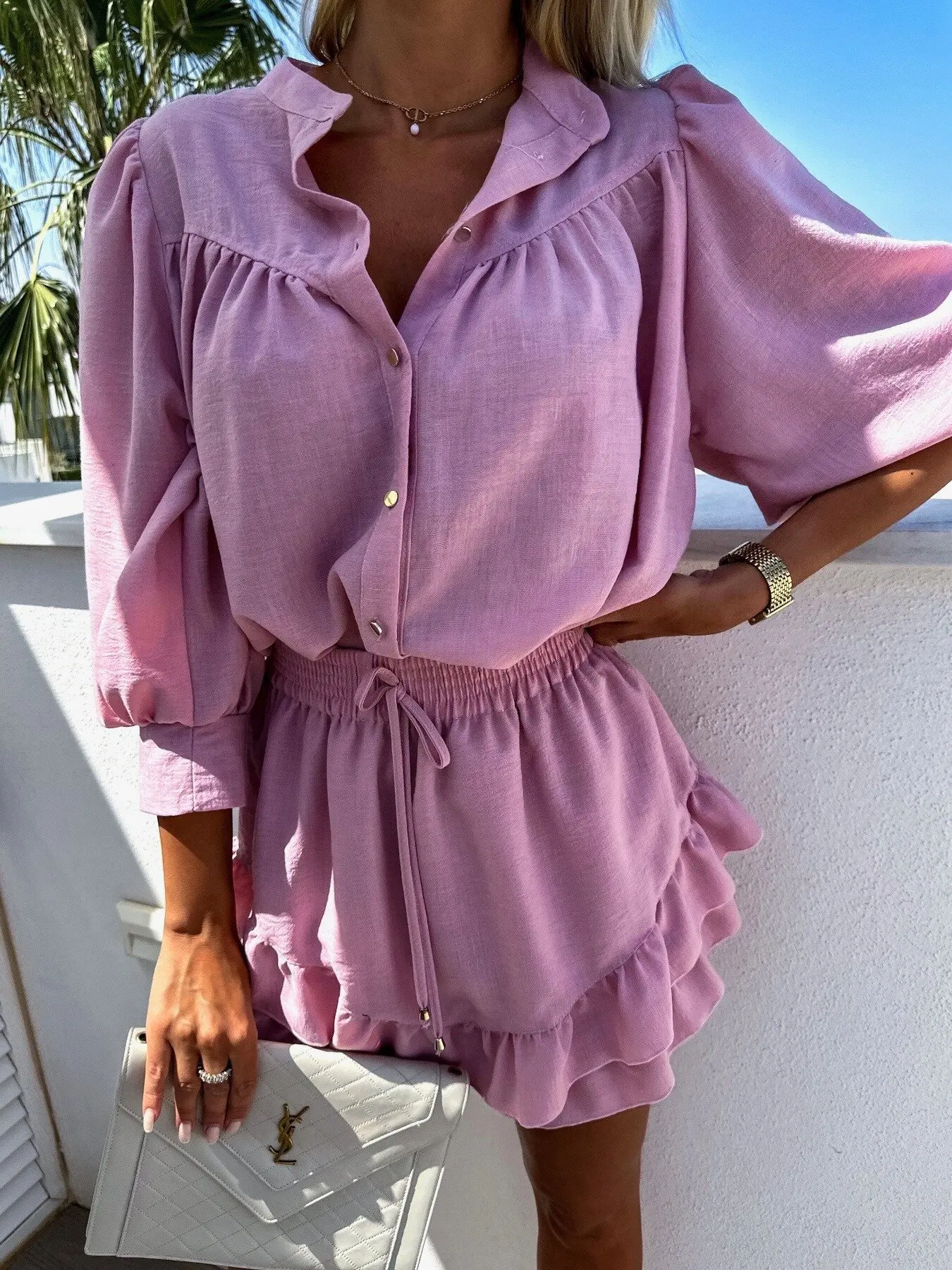 Women-New-Button-Long-Sleeve-Shirts-Top-Drawstring-Sculottes-2-Pieces ...