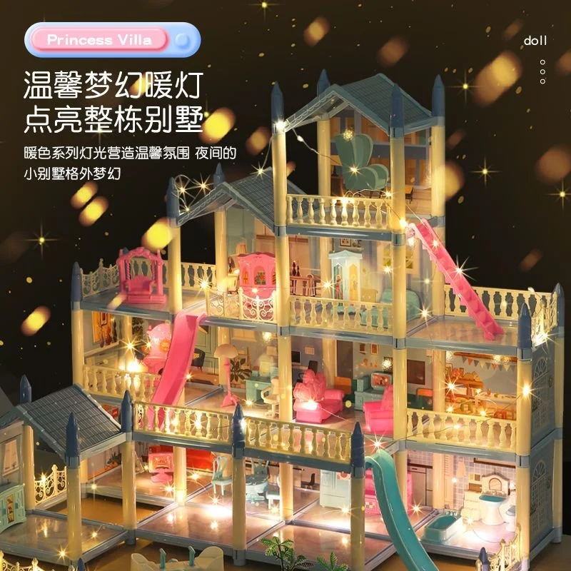 New-3D-Princess-Villa-DIY-Doll-House-Pink-Blue-Castle-Game-House-With ...
