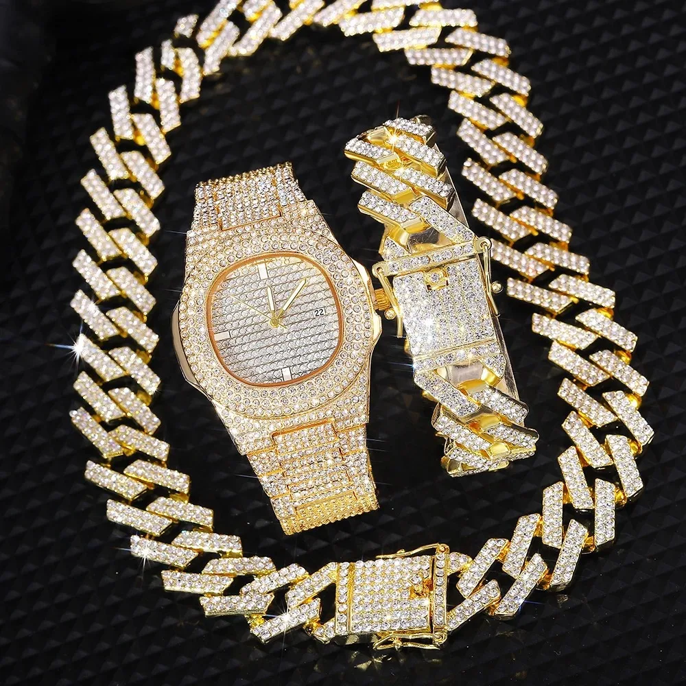 Iced Out Watch Men Cuban Necklace Bracelet Set Men Quartz Watches Hip ...