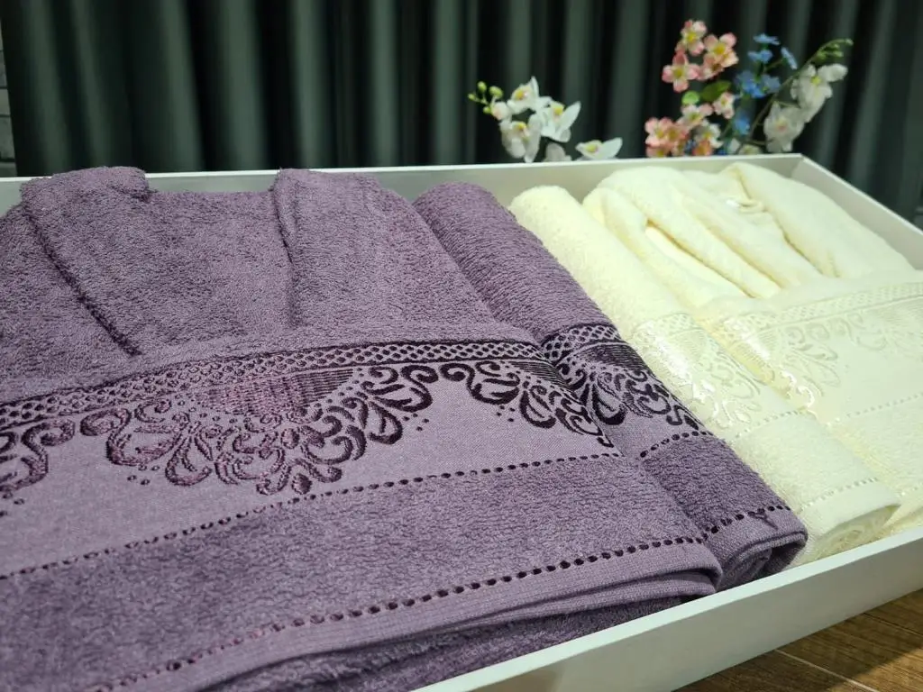 James Gold Motif patterned family bathrobe set 6 piece plum cream ...