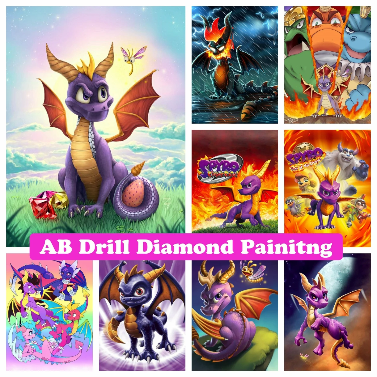 AB Diamond Painting Spyro Cartoon Dinosaur Rhinestone Embroidery Game ...