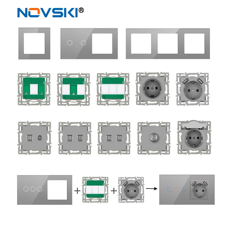 novski wall mounted module DIY European standard gray glass panel power ...