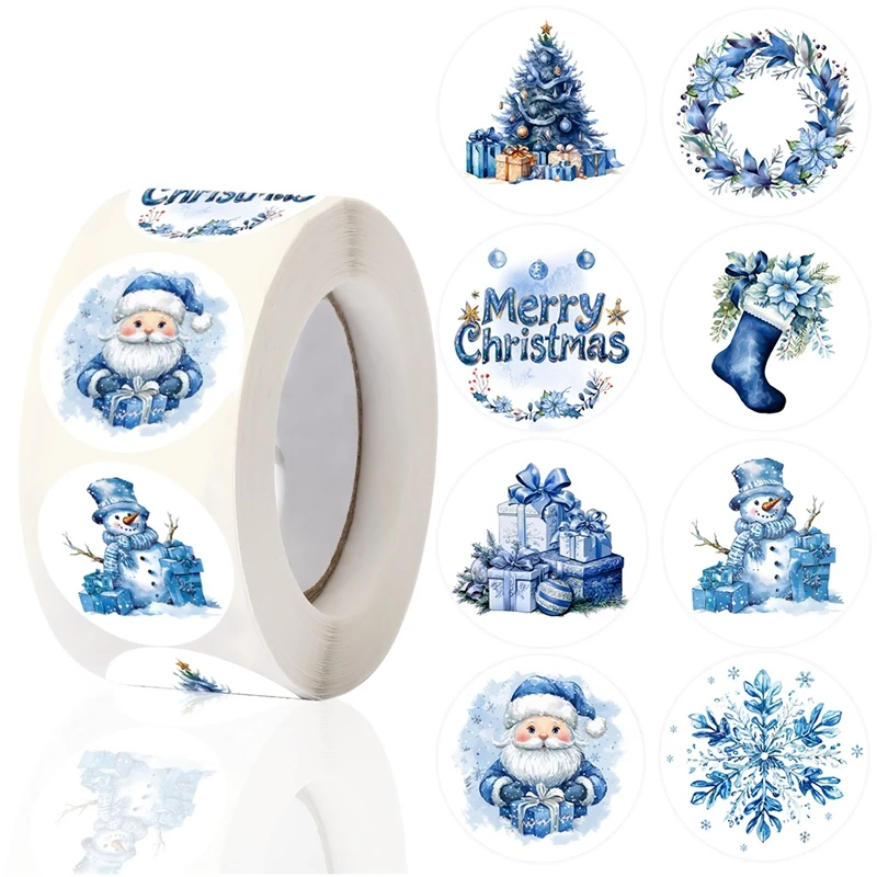 500pcs Blue Christmas Stickers Round Merry Christmas Tags Stickers for ...
