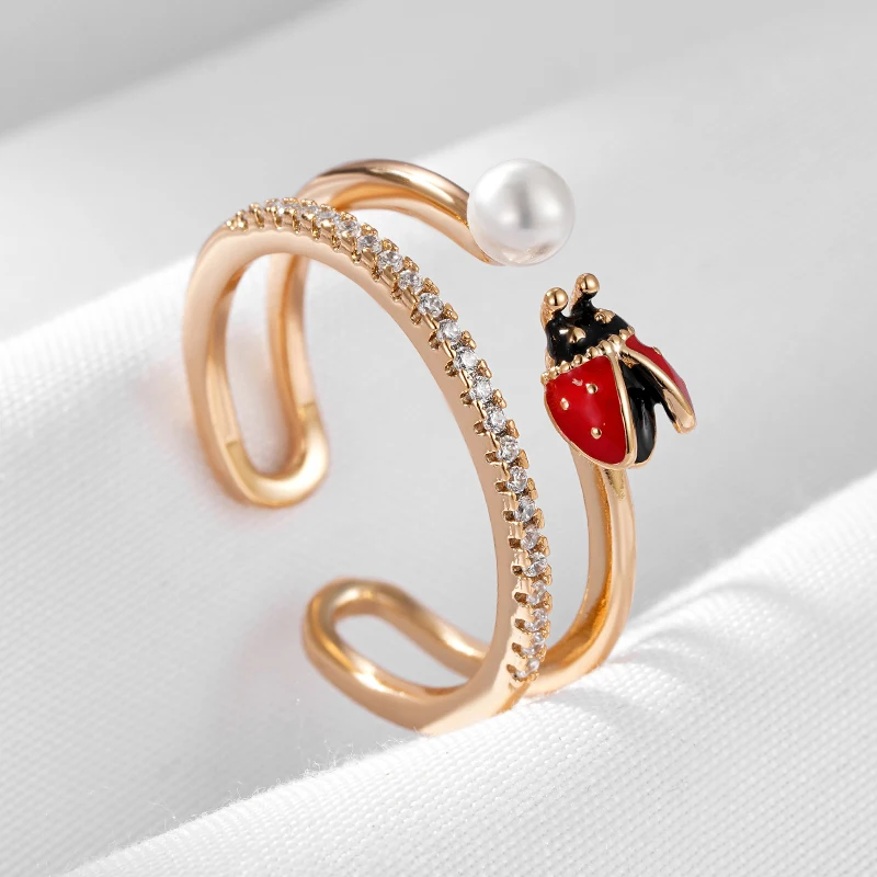 Wbmqda Cute Pearl Ladybug Open Ring For Women 585 Rose Gold Color ...