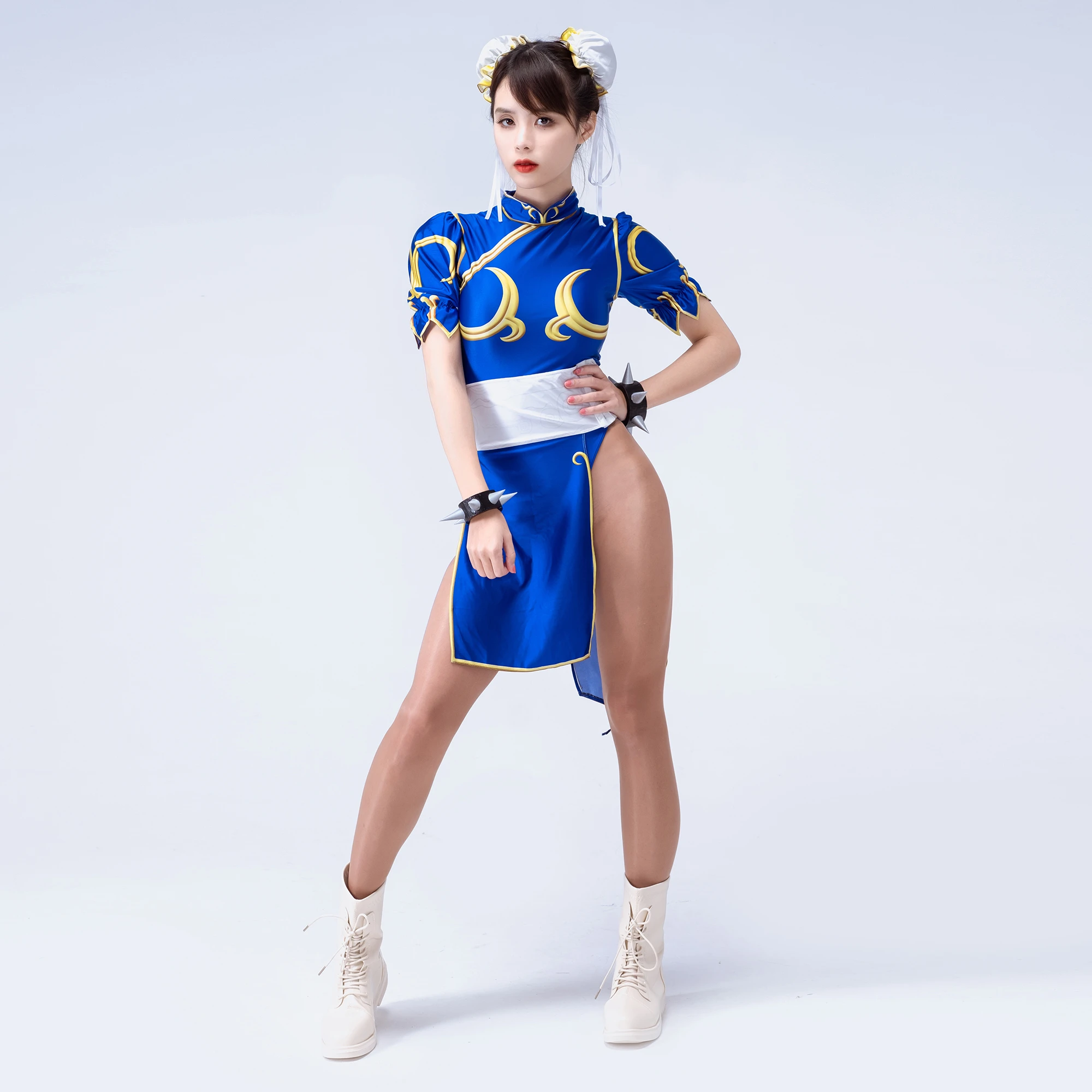게임 Chun Li 코스프레 의상, 할로윈 파티, Sutorito Faita 블루 치파오 드레스, 벨트 헤드 기어, 여성 소녀 ...