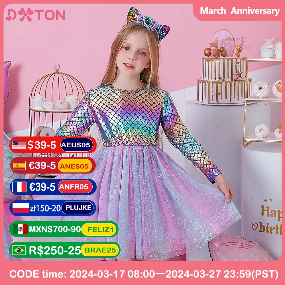 DXTON Kids Princess Dresses for Girls Children Mermaid Print Birthday ...