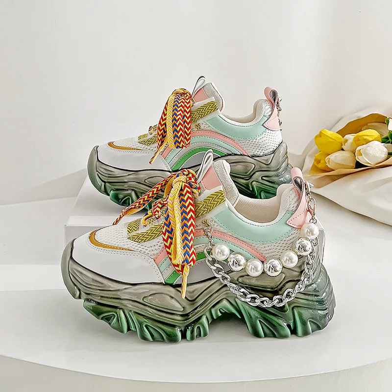 Luxury Mixed Colors Chain Women Platform Sneakers Genuine Leather High ...