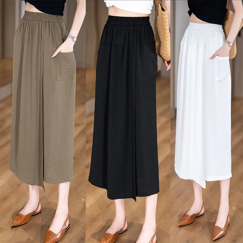 Women Thin Casual Calf Length Pants Girls Slim Fit Baggy Loose Slit ...