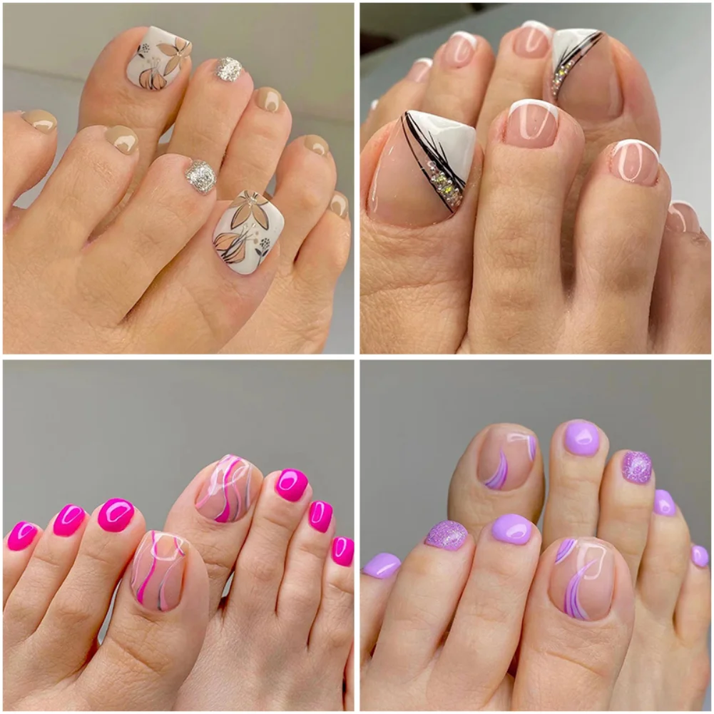 24P Fake Toenails With Glue French Line Glitter False Toe Nails Art ...
