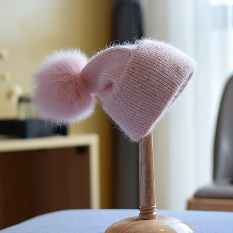 Fashion In Hat Wool Rabbit Fur Hats Real Fox Fur Pom Poms Hat Large ...
