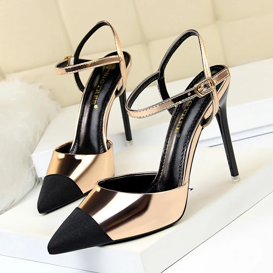 Women 11cm High Heels Sandals Lady Metallic Gray Stripper Ankle Strap ...
