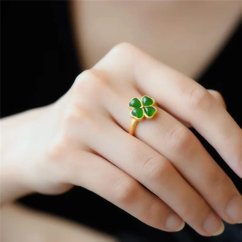 Fashion 925 Silver Ring For Girls Finger Accessories Adjustable Charming Green Jade Clover ...