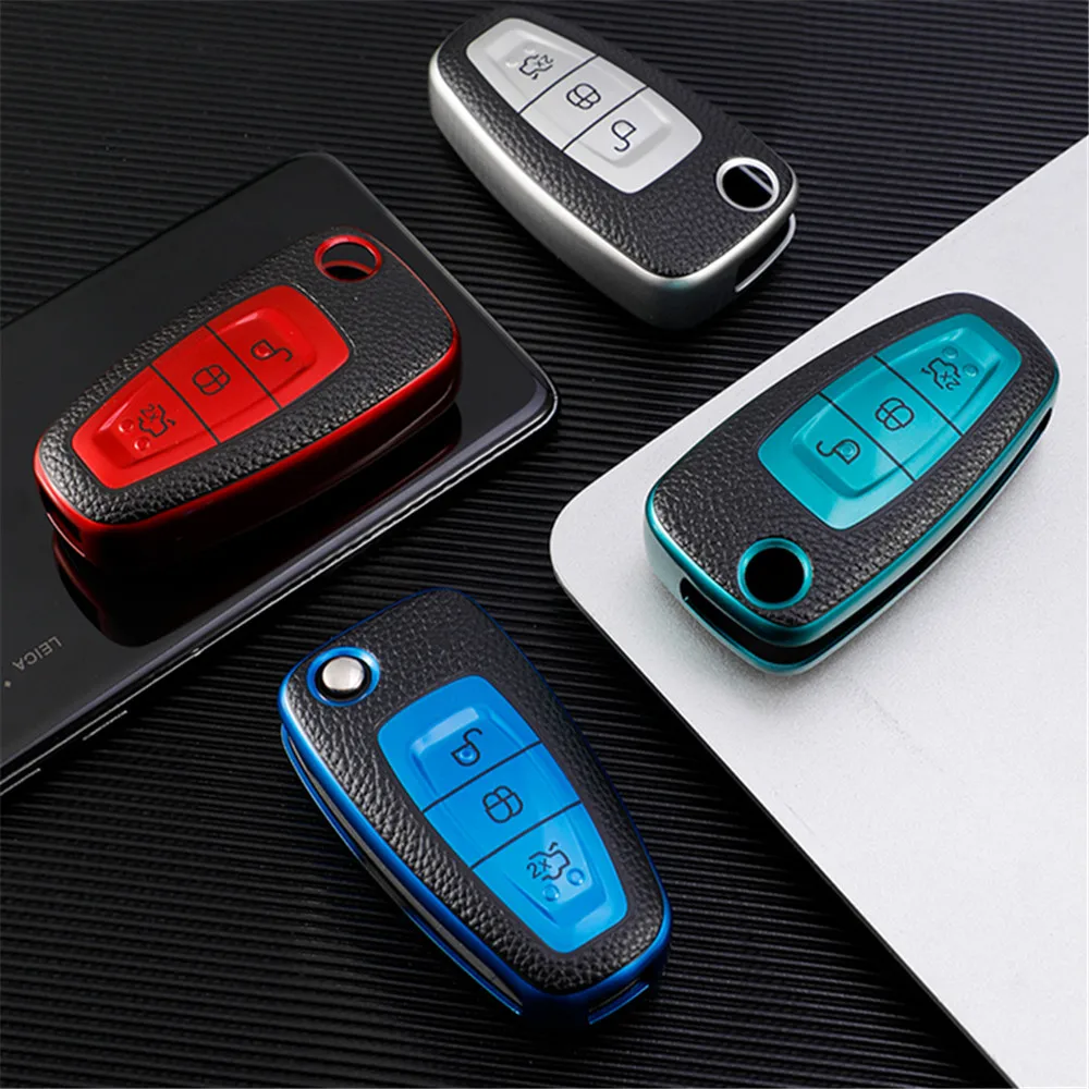 Leather TPU Car Key Case Cover for Ford Ranger C-Max S-Max Focus Galaxy ...