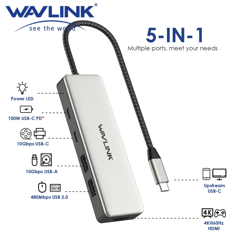 WAVLINK USB C 10Gbps Hub 5-In-1 Multiport Connection Adapter with 85W ...