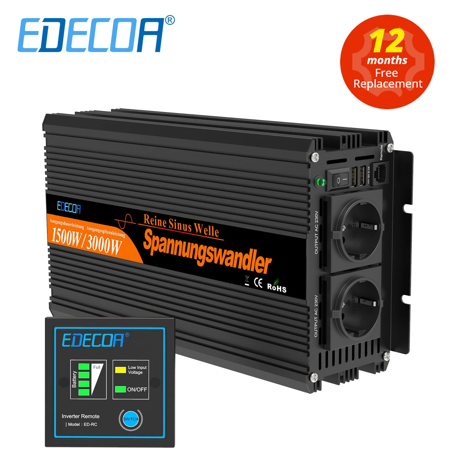 EDECOA 1500W 2500W onduleur à onde sinusoïdale pure DC 12V à AC 220V 230V 240V hors réseau ...