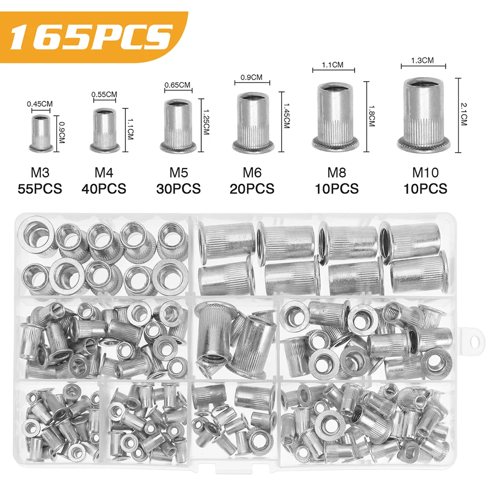 165pcs-Aluminum-Alloy-Threaded-Rivets-M3-M4-M5-M6-M8-M10-Flat-Head-Nut ...