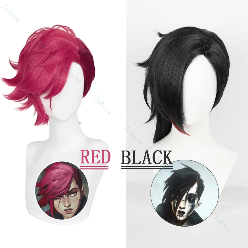 Vi-Jinx-Cosplay-Wig-Arcane-Season-2-Vi-30cm-Black-and-Red-Hair-Jinx ...
