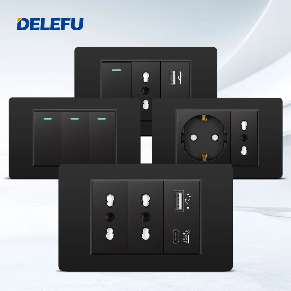 DELEFU-Black-Retardant-PC-Panel-Italy-Standard-Type-C-EU-Outlet-Plug ...
