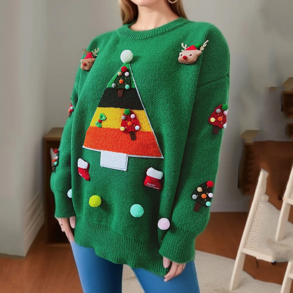 Su-ter-casual-solto-de-Natal-feminino-blusa-de-malha-emendada-pul-ver ...