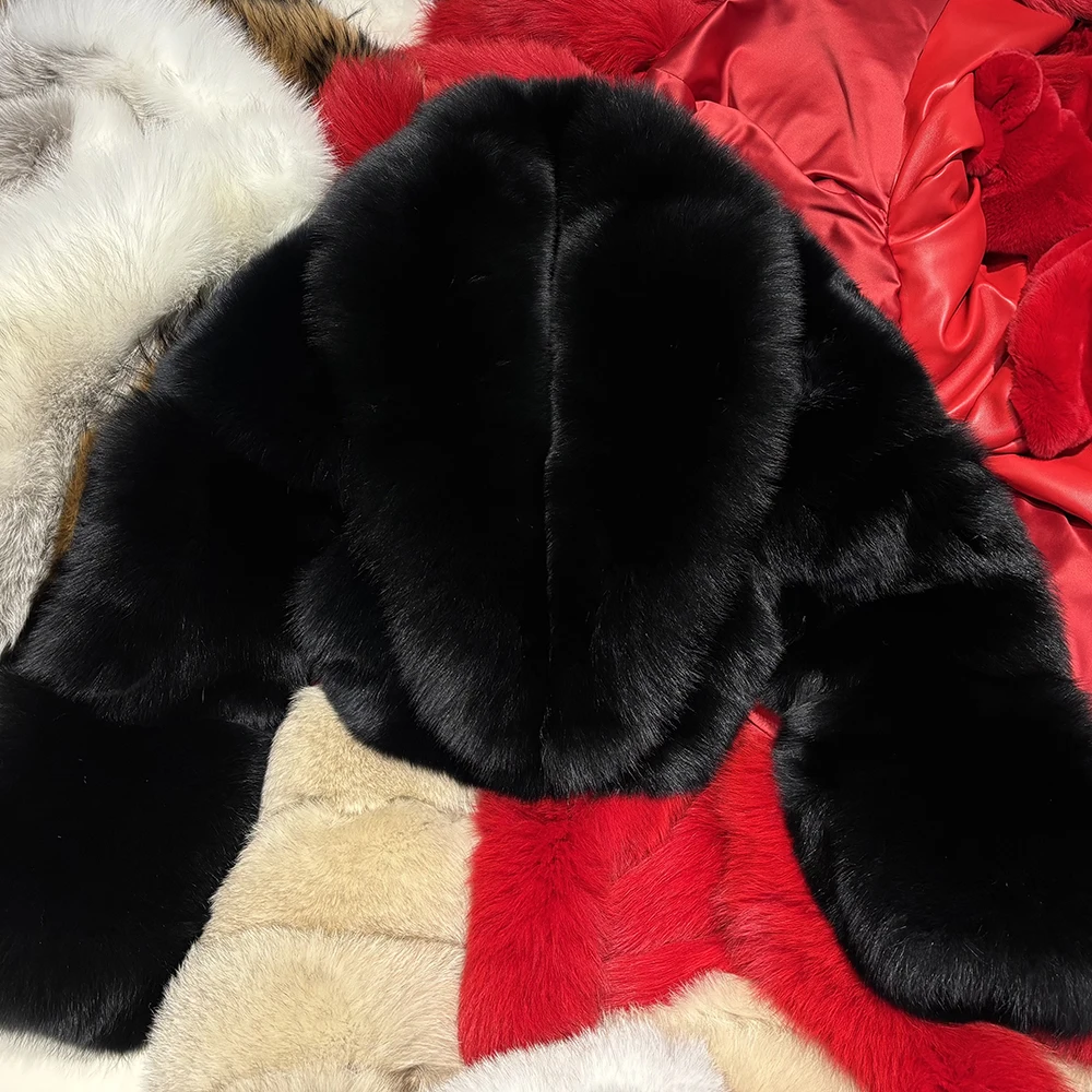 YOLOAgain Natural Fox Fur Cropped Jacket Women Black Luxury Thick Warm ...