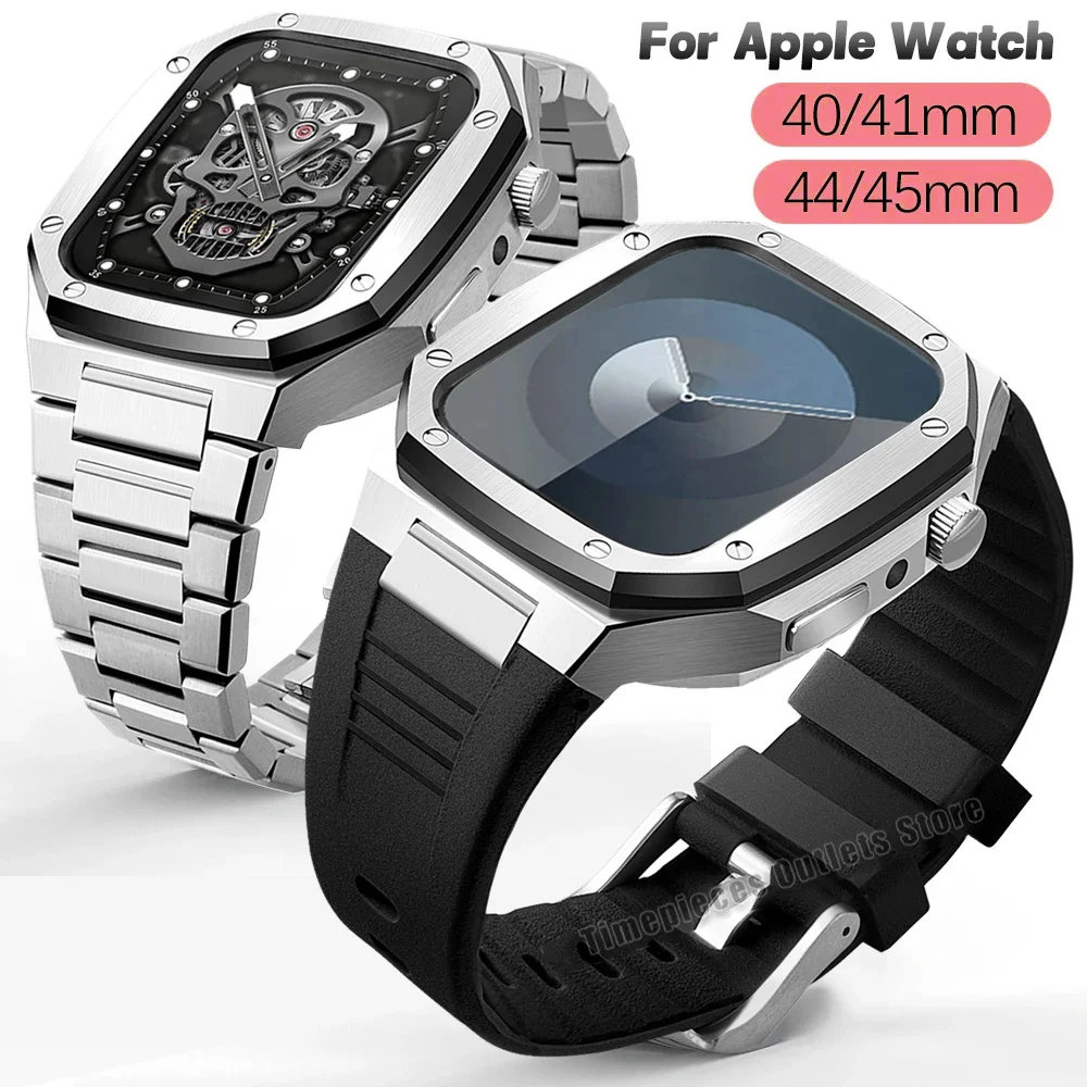 Luxury Mod Kit Stainless Steel Strap Case for Apple Watch Band 9 8 7 6 ...