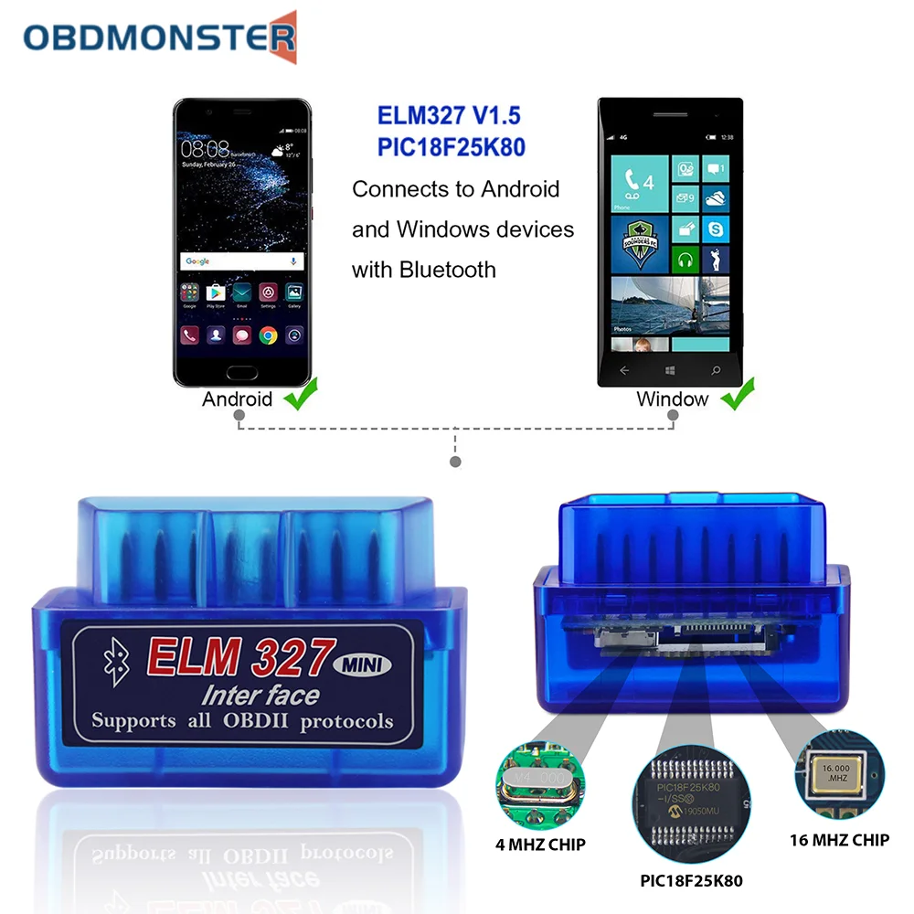 Obdmonster Bluetooth Elm327 V1.5 With Pic18f25k80 Chip Car Mini Obd2 Scanner Check Engine ...